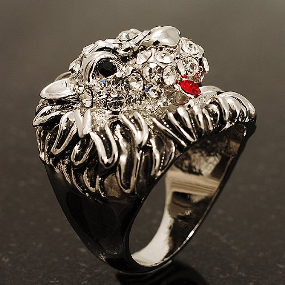 Avalaya Statement Rhodium Plated Crystal 'Lion' Ring - size 9