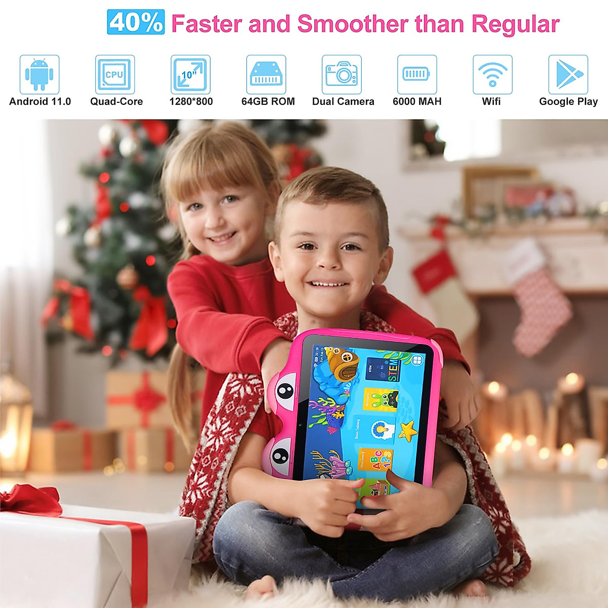 Kids Tablet 10.1 Inches Tablet for Kids, Android 11 64GB Kids Tablets with Case, Google Play, YouTube, Dual Camera, WiFi, Bluetooth, Apps Pre-Installed, Education, Parent Control Tablet (Pink)