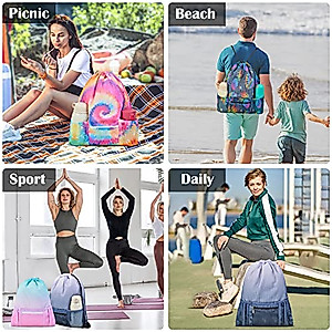 Nidoul Mesh Drawstring Bag with Zipper Pocket, Beach Bag for Swimming Gear Backpack Gym Storage Bag for Adult Kids (Pink Blue)