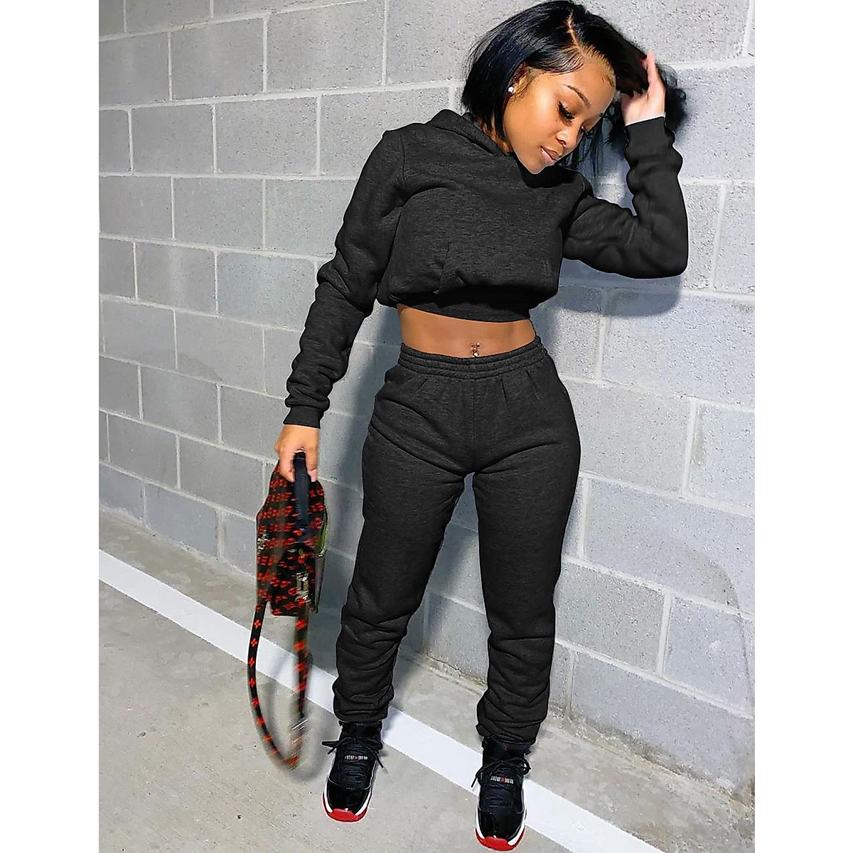 Women 2 Piece Outfits Sets, Long Sleeve Hoodie Crop Top Jogger Pants Sweatsuits Sport Set Black L