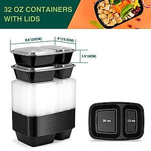 Glotoch 50 Pack 32 oz Meal Prep Container, 2 Compartment Food Containers with Lids To Go Containers, Black Plastic Containers for Lunch-Microwave, Freezer, Dishwasher Safe, Eco-Friendly