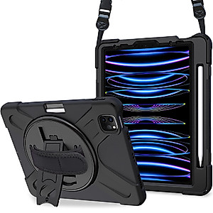 ProCase for iPad Pro 11 Inch Case 2022 2021 2020 2018, Rugged Heavy Duty Shockproof Cover with Hand Strap Shoulder Strap for iPad Pro 11" 4th 3rd 2nd 1st Generation -Black