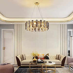 HOSSEE Round Crystal Chandelier Light Fixture, Modern K9 Crystal Pendant Lighting, Gold Chandelier for Dining Room Living Room Bedroom Foyer