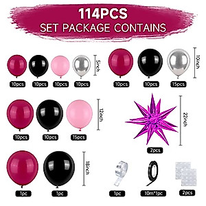 GREMAG Black Pink Balloon Arch Kit, 114Pcs Balloons Party Decorations, Black Pastel Silver Latex Balloons with Hot Pink Explosion Star, for Birthday Girls Theme Party Baby Shower Wedding