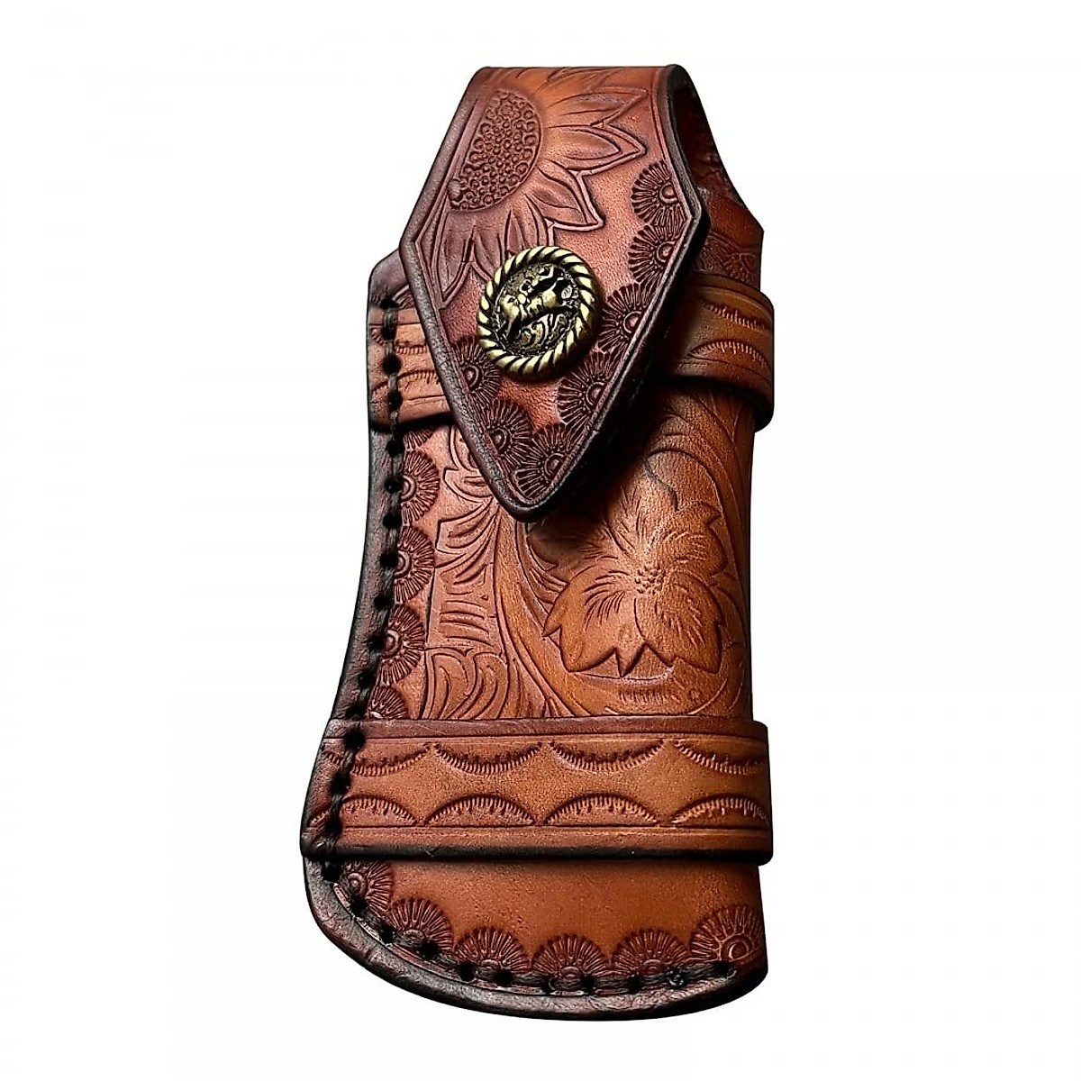 MiOYOOW 4.7" Pocket Knife Pouch, Carved Folding Knife Holster Horizontal/Vertical Leather Knife Holder for Camping Hunting Jungle Exploration