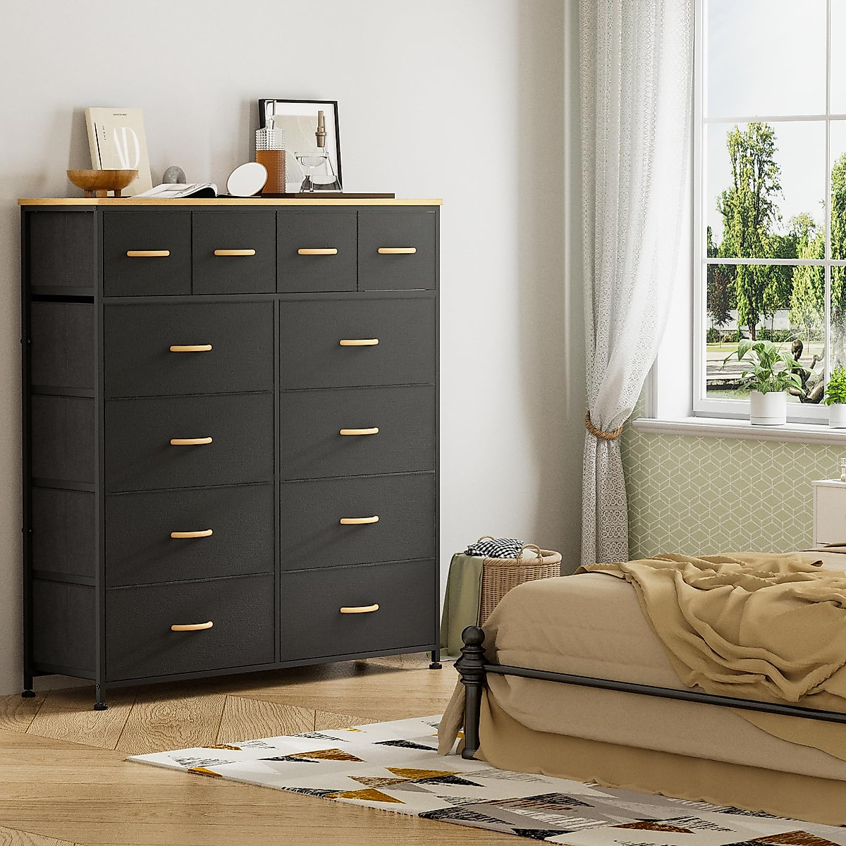 YILQQPER Dresser for Bedroom with 12 Drawers, Large Tall Dresser for Closet, Living Room, Nursery, Dorm, Chest of Drawers with Fabric Bins, Leather Front, Wooden Top, Metal Handle (Cyan)