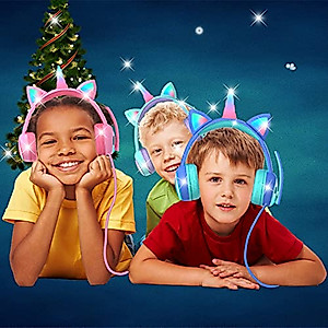 LED Lighting Unicorn Cat Ear Wired Headphones, Headphones for Kids with Microphone, Kids Headphones Safe Volume Limit 85DB, Headphones for Girls Boys for Online Learning/School/Travel/TabletGreen