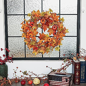 Yawwind 20 inch Fall Wreath Artificial Autumn Wreath with Orange Maple Leaves Pumpkin and Berry Harvest Wreath Thanksgiving Farmhouse Fall Wreaths for Front Door