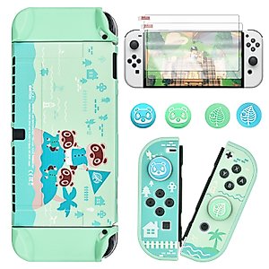 DLseego Animal Crossing Switch OLED Case Protective Cover Dockable Hard Shell Joy Con Skin Accessory With 4PCS Thumb Grips Caps and 2PC Screen Protectors