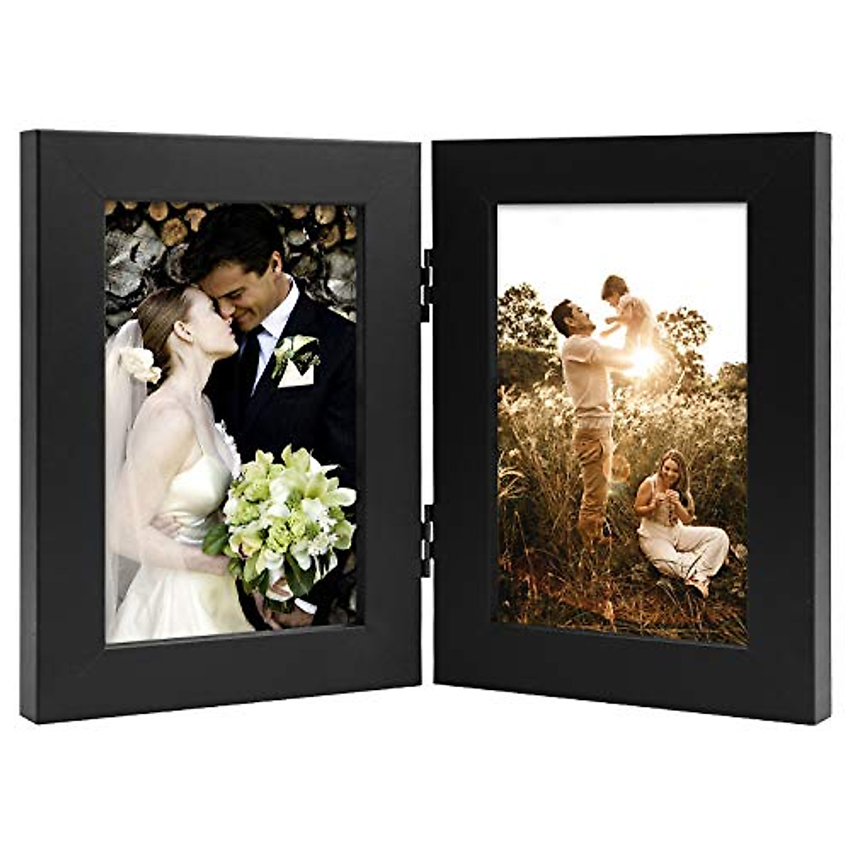 Golden State Art, 4x6 Double Picture Frame Vertical Hinged Photo Frame 2 Opening Folding Family Frames Collage, with Real Glass (4x6, Black, 1-Pack)