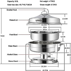 9L Full Size Round Chafing Dish with Hanger, Stainless Steel Chafer Set Buffet Food Warmer Keeps Food Warm in All Catered Events
