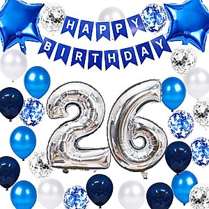 26th Birthday Party Decoration Blue for Men, Happy Birthday Banner Blue Number 26 Birthday Star Foil Balloons Latex Confetti Balloons for Men Him 26 Years Old Birthday Supplies(26th)