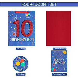 Loveinside Birthday Blue Gift Bag with Tissue Paper, Gift Tag and Greeting Card for 10th Boy Birthday, Party, Baby Shower and More - 10" x 5" x 13", 1 Pcs - 10th Birthday