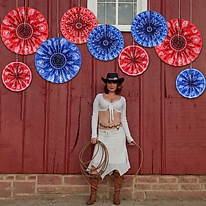 Outus 9 Pcs Bandana Hanging Paper Fans Decorations Wild West Paper Fans Classroom Decorations Western Themed Ceiling Wall Garland for Western Cowboy Themed Party Decorations