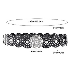 Dazzleimart Hollow Disc Belt Western Style Exaggerated Cowboy Wide Disc Belt Metal Buckle Vintage Soft Belt for Women (Black Silver-A, 101cm/39.7in)
