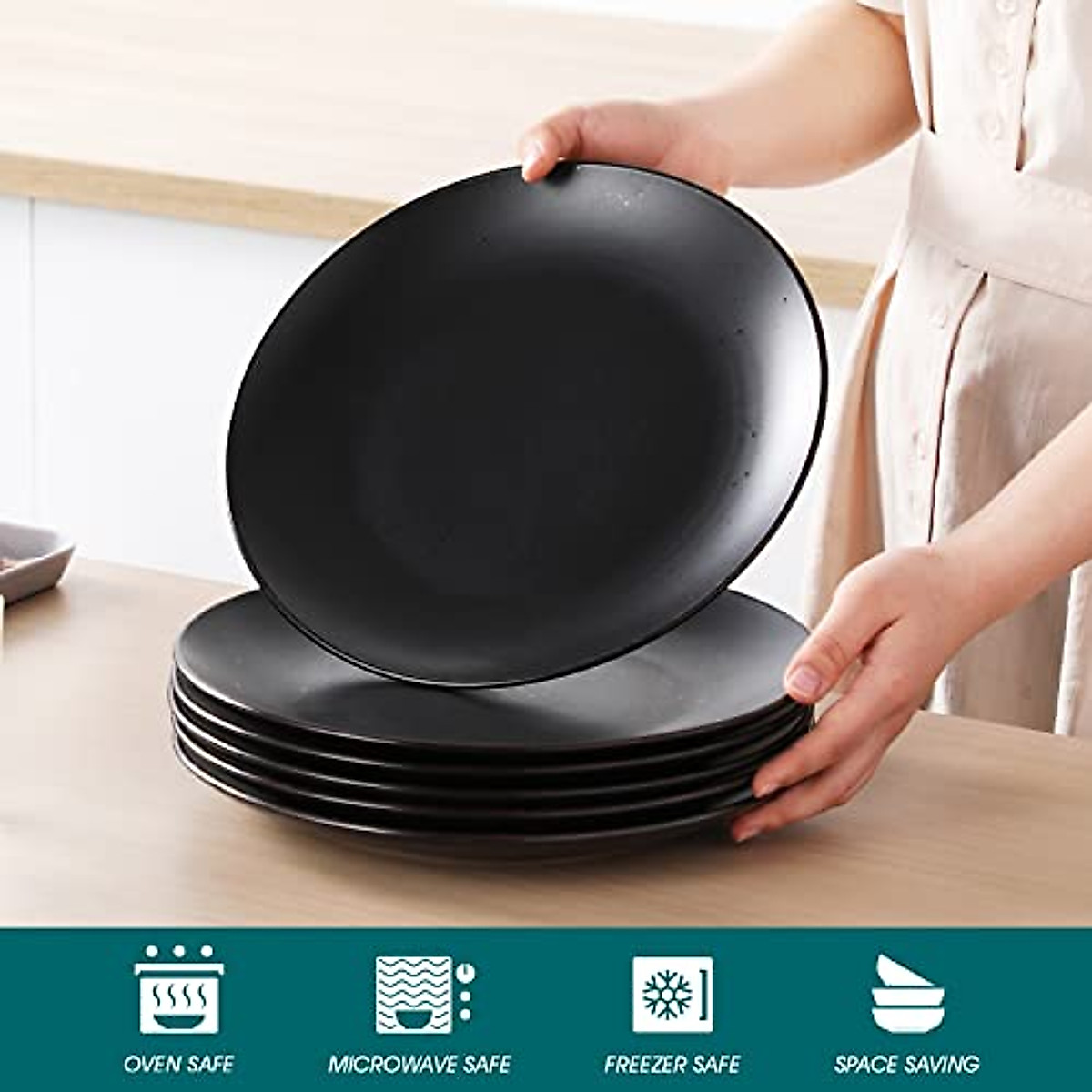 vancasso Moda Dinner Plates Set of 6, 10.5 Inch Ceramic Plates Set, Black Handpainted Big Serving Plate, Microwave Oven and Dishwasher Safe-Black