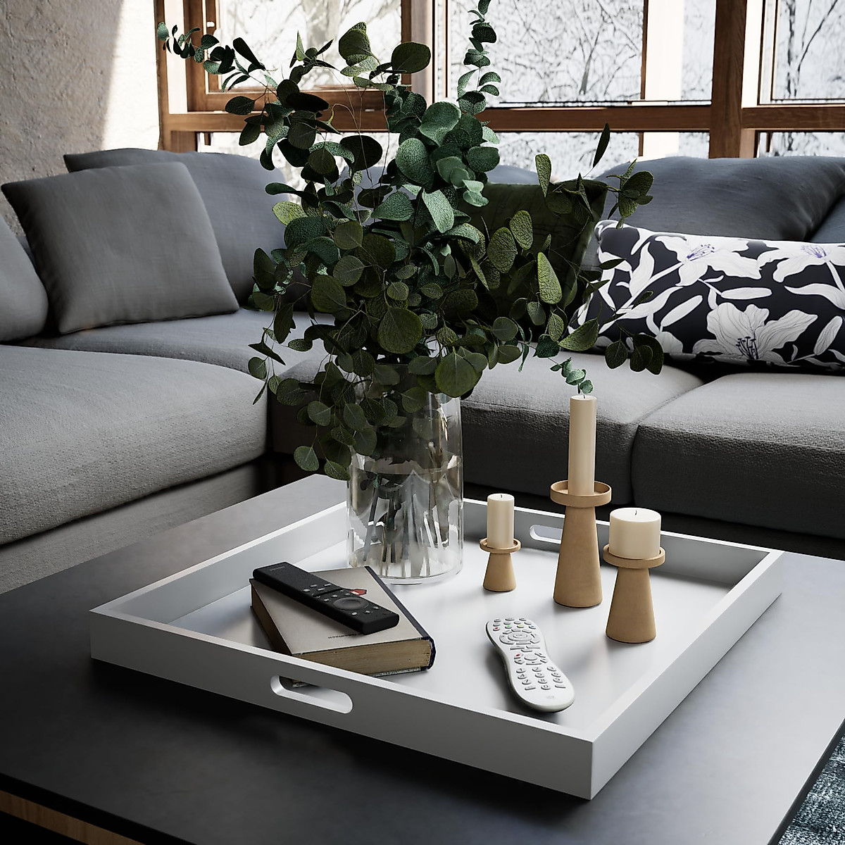 Hanobe Square Large Ottoman Tray: Modern Extra Large Black Serving Decorative Trays with Cutout Handles for Living Room Coffee Table Home, 20"