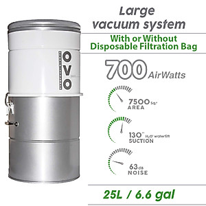 OVO AW Large and Powerful Central Vacuum System, Hybrid Filtration (with or Without Disposable Bags) 25L or 6.6 Gal, 700 Air watts and 40 ft Deluxe Accessory Kit Included, White and Silver