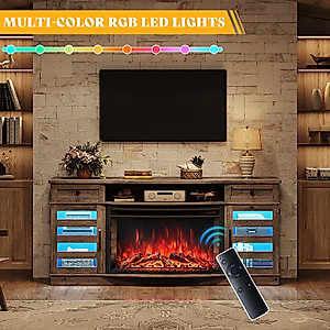 LUXOAK 70" Farmhouse Curved Fireplace TV Stand, LED Light Entertainment Center Table with 36'' Upgrade Electric Fireplace TV Console Cabinet for TVs Up to 80", Wash Grey