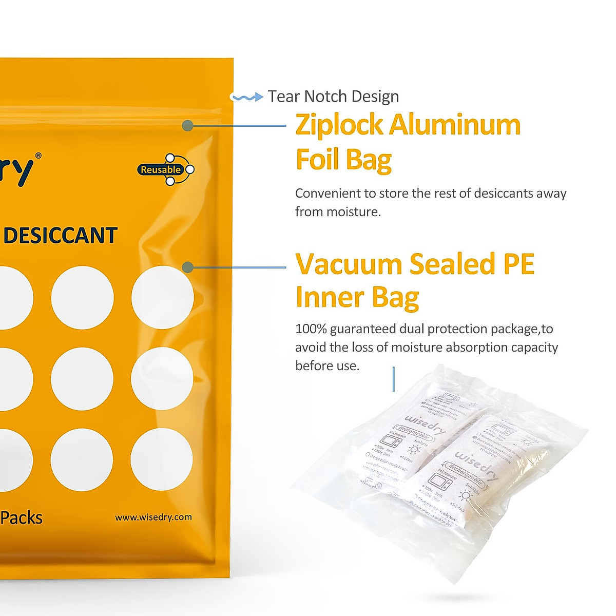 wisedry 50 Gram [10 Packs] Silica Gel Packets Microwave Fast Reactivate Desiccan Packs with Indicating Beads