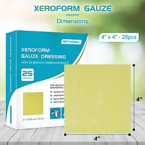 OPTITEKNIK Xeroform Petrolatum Dressing 4"x4" Pack of 25, Non-Adherent Occlusive Fine Mesh Gauze Pad, Gentle Patch for Burns, Laceration, Surgical Incisions & Skin Grafts