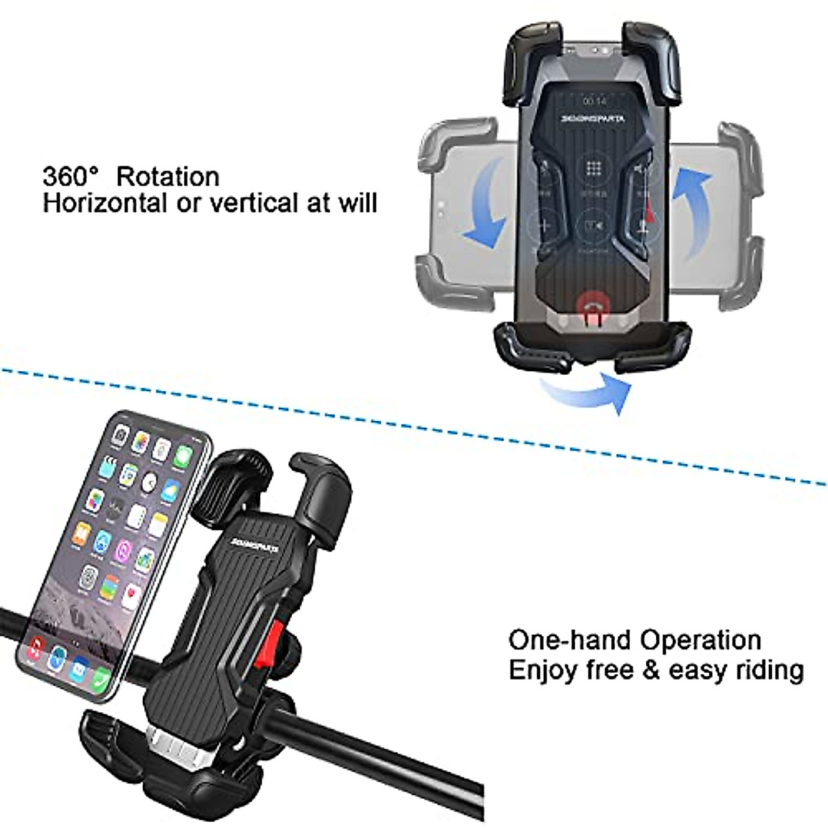 SEVEN SPARTA Bike Phone Mount Holder Motorcycle Phone Mount for Handlebar Accessories Compatible with iPhone 13 13 Pro Max 11, Galaxy and Other 4.7-6.8 Inches Cellphones (Black)