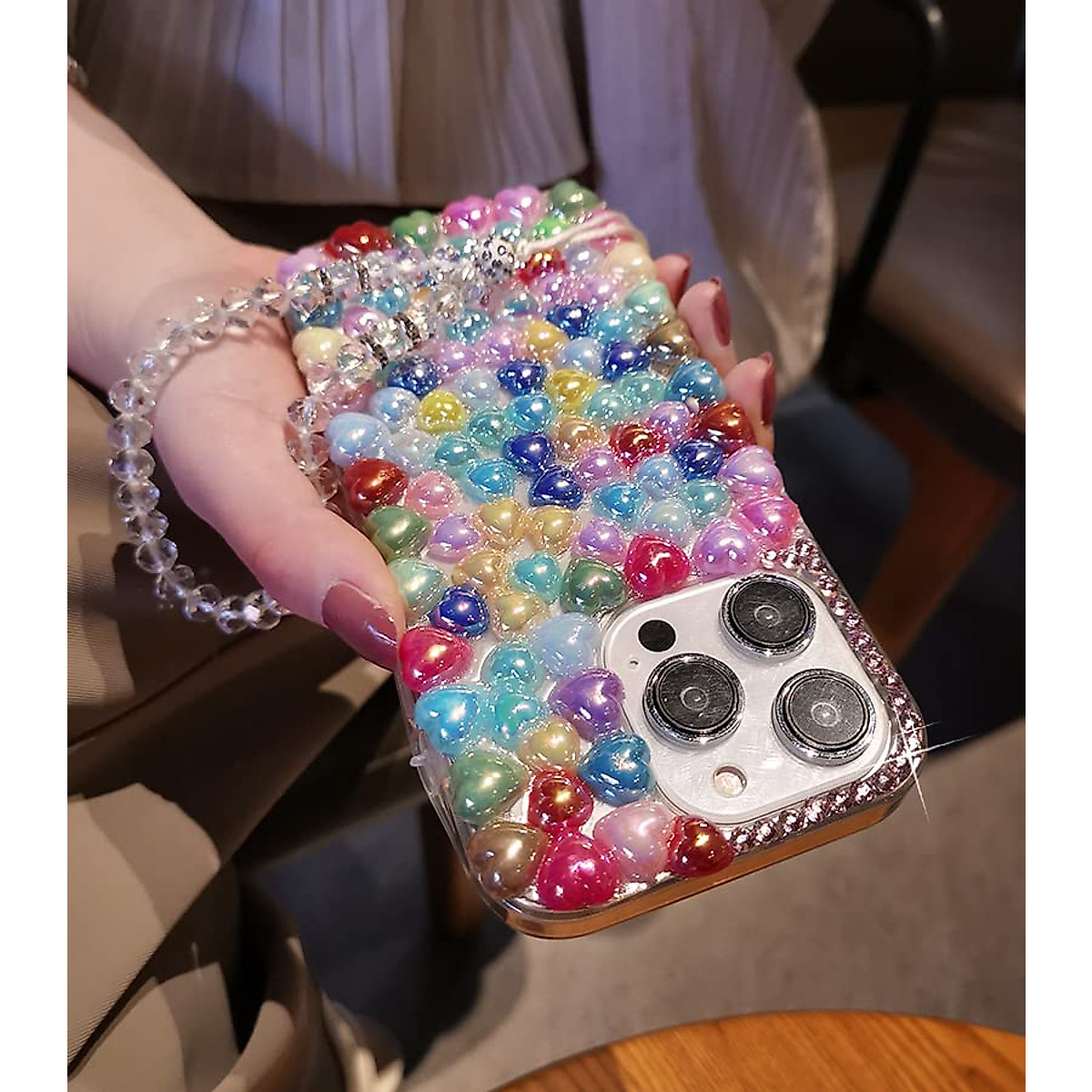 redecarie for Galaxy S9 Plus Case,Women Girls Kids Love Pearl Luxury Crystal Rhinestone Bling Glitter Diamond Bumper Clear Phone Cover with Wrist Strap for Samsung Galaxy S9 Plus