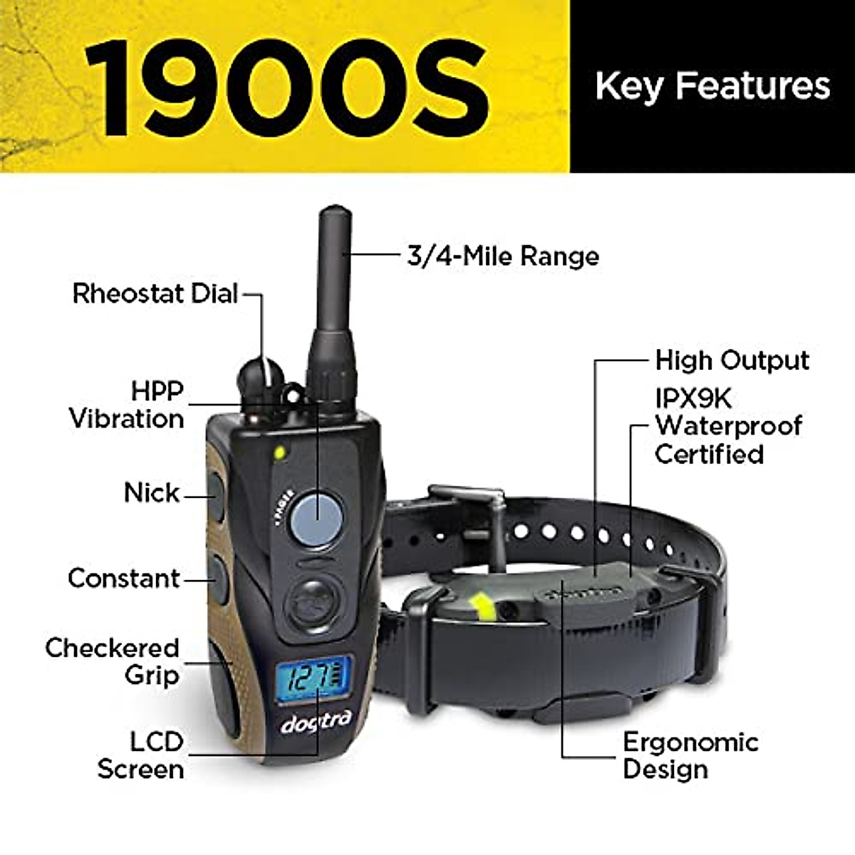 Dogtra 1900S Remote Training E-Collar - 3/4 Mile Range - Electronic Dog Training Collar, Waterproof, Rechargeable, High-Output, Adjustable Levels, Vibration, Obedience, Hunting, K-9, Stubborn Dogs