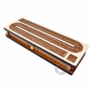 House of Cribbage - Continuous Cribbage Board Inlaid 4 Tracks Maple/Teakwood with Sliding Lids and Drawer