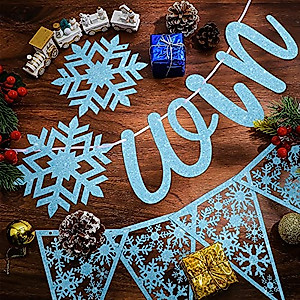 Gersoniel 3 Pieces Snowflake Winter Wonderland Banner Snowflake Paper Garland Snowflake Hanging Banner Silver Glittery Snowflake Decorations for Snow Christmas Wedding Birthday Party (Blue, Silver)