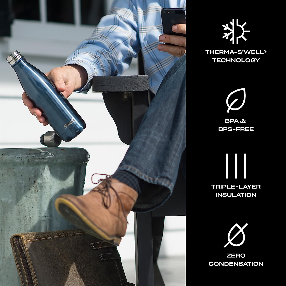 S'well Stainless Steel Water Bottle, 17oz, Blue Suede, Triple-Layered Vacuum Insulated Containers Keeps Drinks Cold for 36 Hours and Hot for 18, BPA Free, Perfect for On the Go