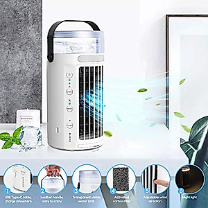 Portable Air Conditioner Fan, MAXROCK Portable AC Personal Mini Air Cooler 3 Speed Super Quiet Desk Air Cooling Fan 7 Colors LED Light for Personal Use Small Room
