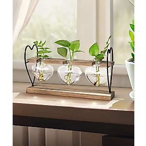 Sapowerntus Heart Propagation Stations, Cute Plant Terrarium Wooden Stand Love Glass Vase, Hydroponic Air Plants Desk Office Garden Mother Gift Decor for Women Plant Lover, 3 Heart Vase