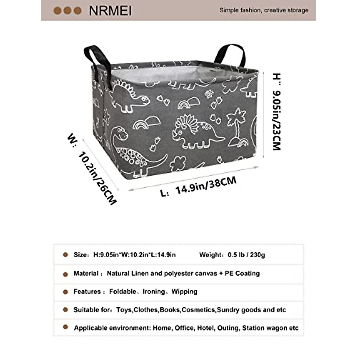 NRMEI Rectangle Storage Bin Toy Organizer Foldable Waterproof Coating Nursery Hamper for Living Room Bedroom and Clothes Toys(Rec Line Dinosaur)