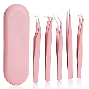 5 Pieces Eyelash Tweezers Sets, High Precision Stainless Steel Eyelash Extension Tweezers with Box, Straight and Curved Tip Tweezers, Eyelash Extension Volume Tweezers for Lash Extensions