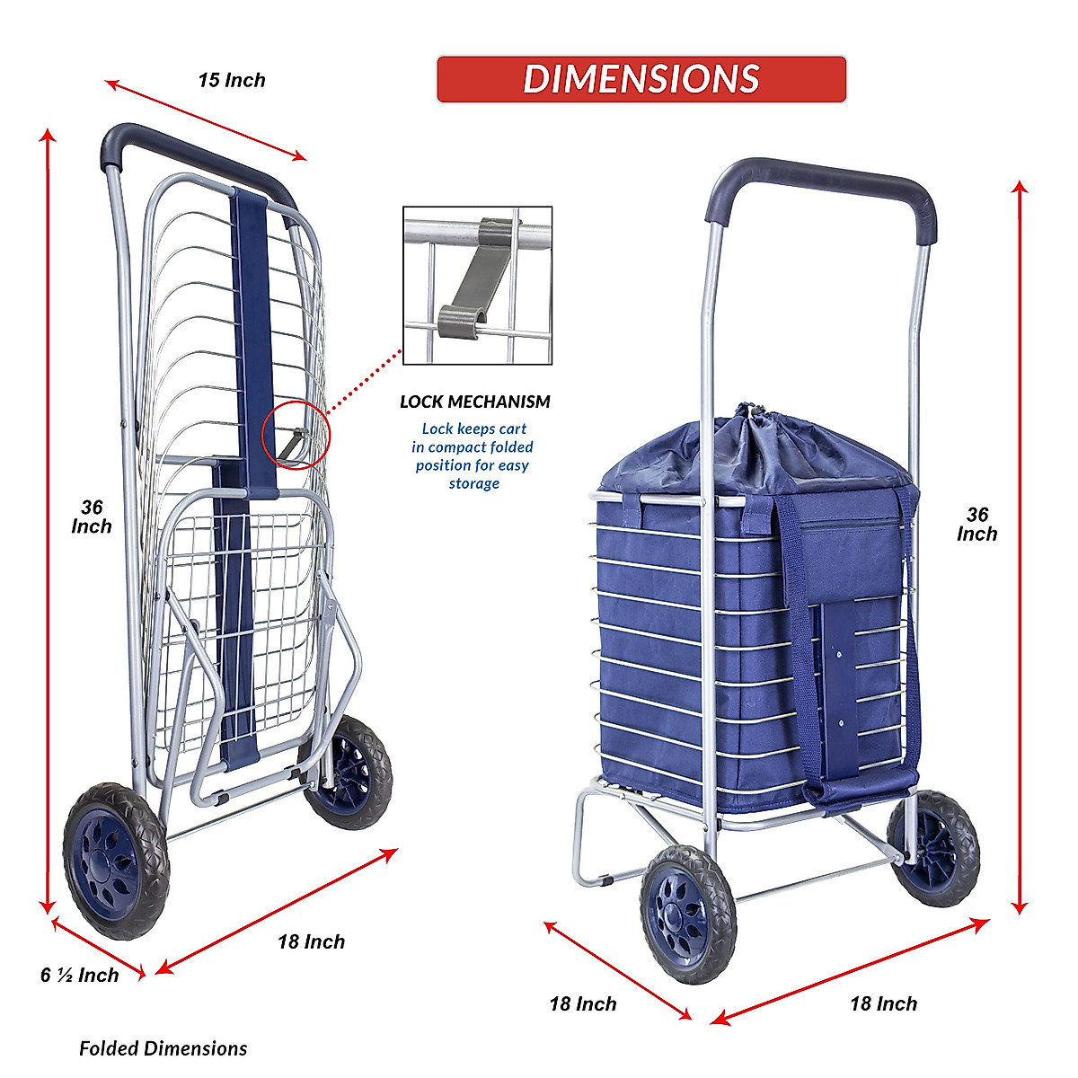 dbest products Cruiser Cart with Bag Bundle Shopping Cover Grocery Rolling Folding Laundry Basket on Wheels Foldable Utility Trolley Compact Lightweight Collapsible, Navy