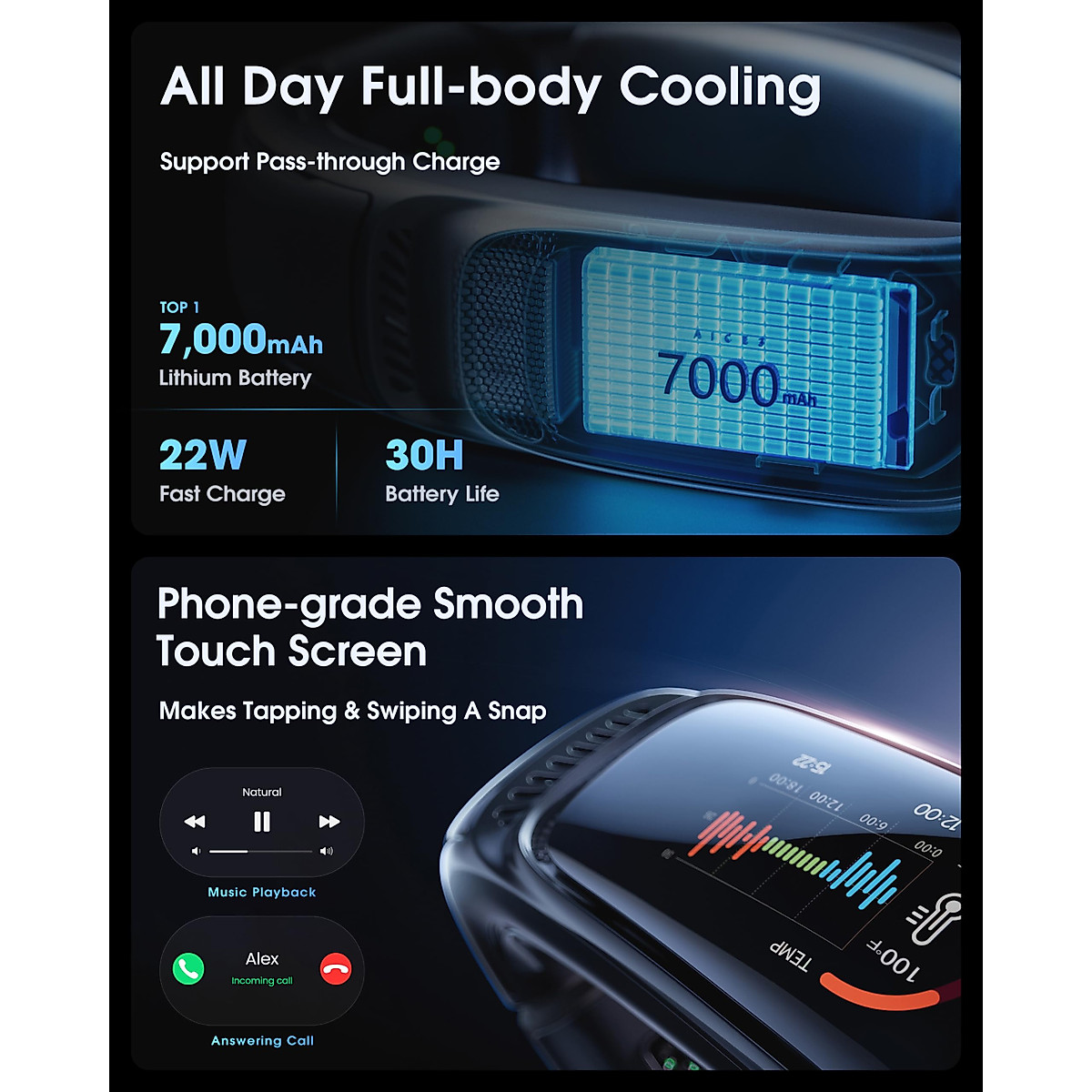 RANVOO No.1 Cooling A/C AICE 3 AI Neck Air Conditioner 7000mAh 30H [Full-body Cooling/Heating] for All Seasons [Health Monitor] Personal Neck Fan Cooler Heater Rechargeable Wearable Music Call Gift
