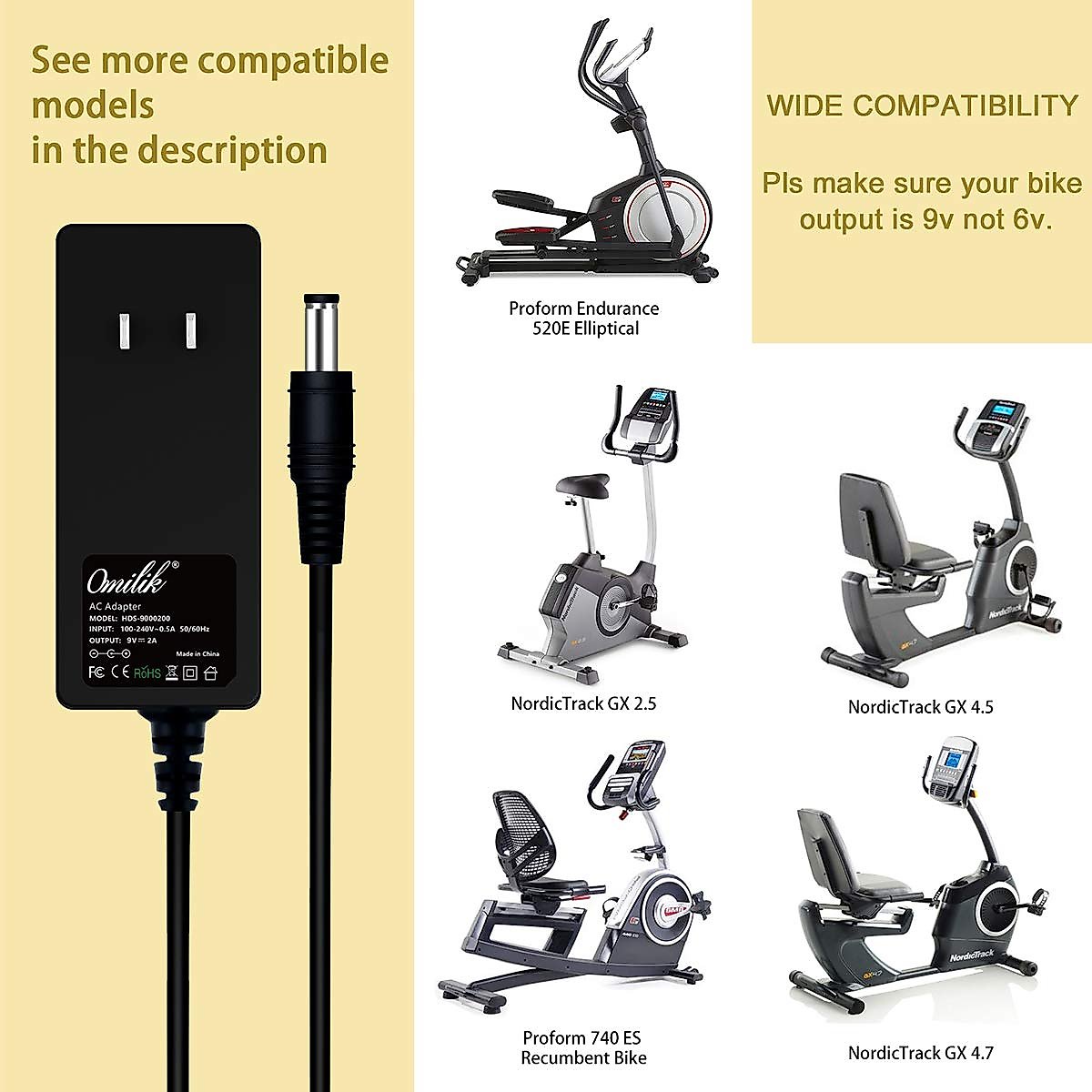 Omilik 9V AC to DC Adapter Compatible with ProForm Upright Bikes and Hybrid Trainer Elliptials NordicTrack GX 2.5 GX 2.7 GX 4.5 GX 4.7 E 5.9 Power Supply Cord- (Note: 9V NOT 6V)-6 Feet Long