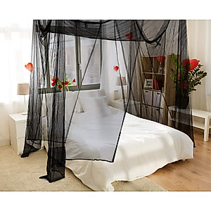 4 Corner Post Mosquito Net Canopy Bed Curtains Large Mosquito Netting Bedroom Princess Decoration Canopy Curtains with 4 Pieces Tassel Hanging Pendants for Full Queen King Size Bed (Black)