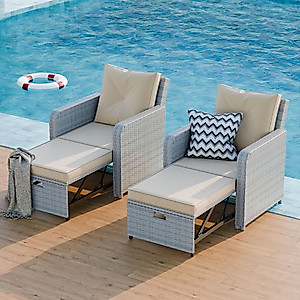 Wicker Outdoor Patio Sofa Chair with Cushion Grey Rattan Convertible Outdoor Furniture with Waterproof Thick Cushion for Backyard Balcony Porch Set of 2