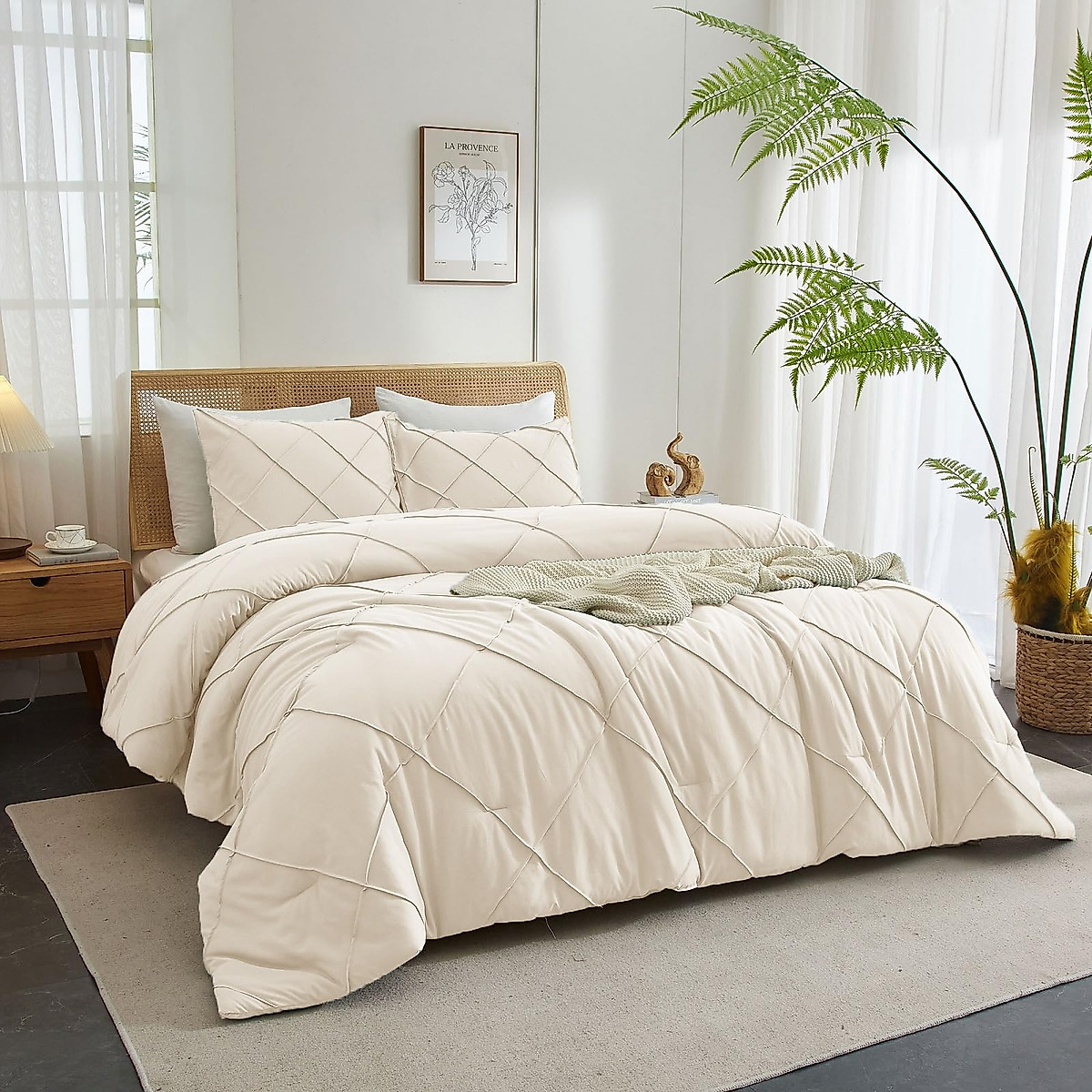 LifeTB Tufted Boho Comforter Set King Size Cream White Diamond Pattern Comforter Set Shabby Chic Bedding Jacquard Comforter Set Geometric Farmhouse Ivory Comforter with 2 Pillowcases All Season