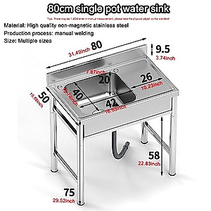 304 Stainless Stee Commercial Restaurant Sink 80cm Small Stainless Steel Sink Outdoor Sink Station With Hose, Stainless Steel Prep & Utility Sink for Restaurant, Kitchen, Outdoor