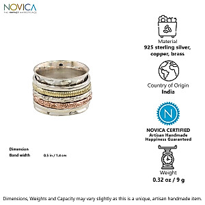 NOVICA Artisan Handmade Sterling Silver Meditation Spinner Ring Copper Brass Textured No Stone India Bohemian [band Width 14 mm W] ' Five Senses'