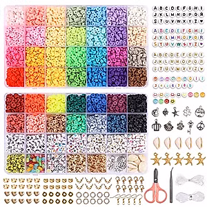 QUEFE 10500pcs, 42 Colors Clay Beads for Bracelet Making with Letter Smiley Face Peace Beads Different Charms Pendants, Polymer Heishi Beads Kit with Elastic Strings for DIY Craft Jewelry