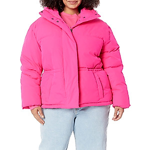 Amazon Essentials Women's Short Waisted Puffer Jacket (Available in Plus Size), Neon Pink, Large