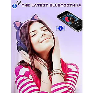 Usoun Kids Wireless Headphones,Cat Ear LED Light Up Wireless Foldable Headphones Over Ear with MIC,Stereo Sound,FM Radio/TF Card,Childrens Headset for Boys Girls Adults,School Study Home (Purple)