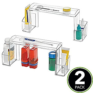 mDesign Small 2-Tier Plastic High-Rise Bathroom Cabinet Organizer - Vitamin Bottle, Medicine, Makeup Storage Shelf for Sink, Counter, and Vanity - Perfect for Hair Product Organization - 2 Pack, Clear