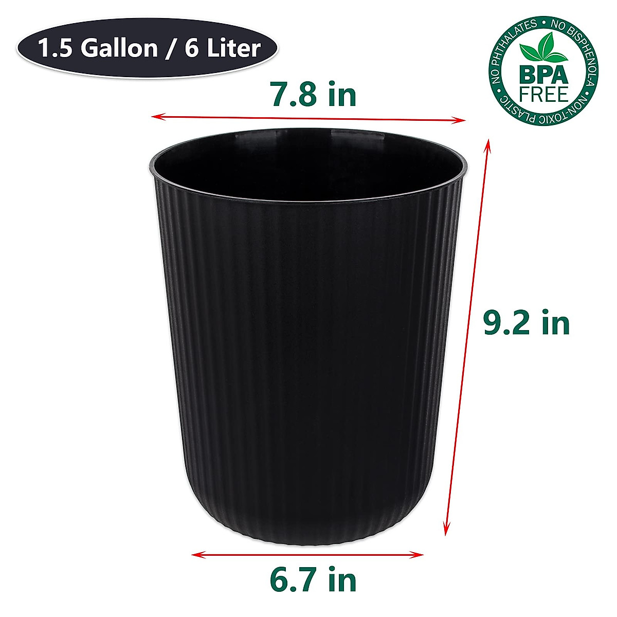 JiatuA Small Trash Can Plastic Wastebasket 1.5 Gallon Round Garbage Container Bin for Bathroom, Kitchen, Home Office, Dorm, Kids Room, Black