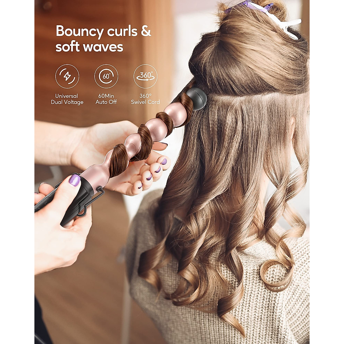 Wavytalk Bubble Wand Curling Iron, Ceramic 1 Inch Bubble Curling Wand for Short & Long Hair, Spiral, with Adjustable Temp, Dual Voltage, Include Heat Resistant Glove