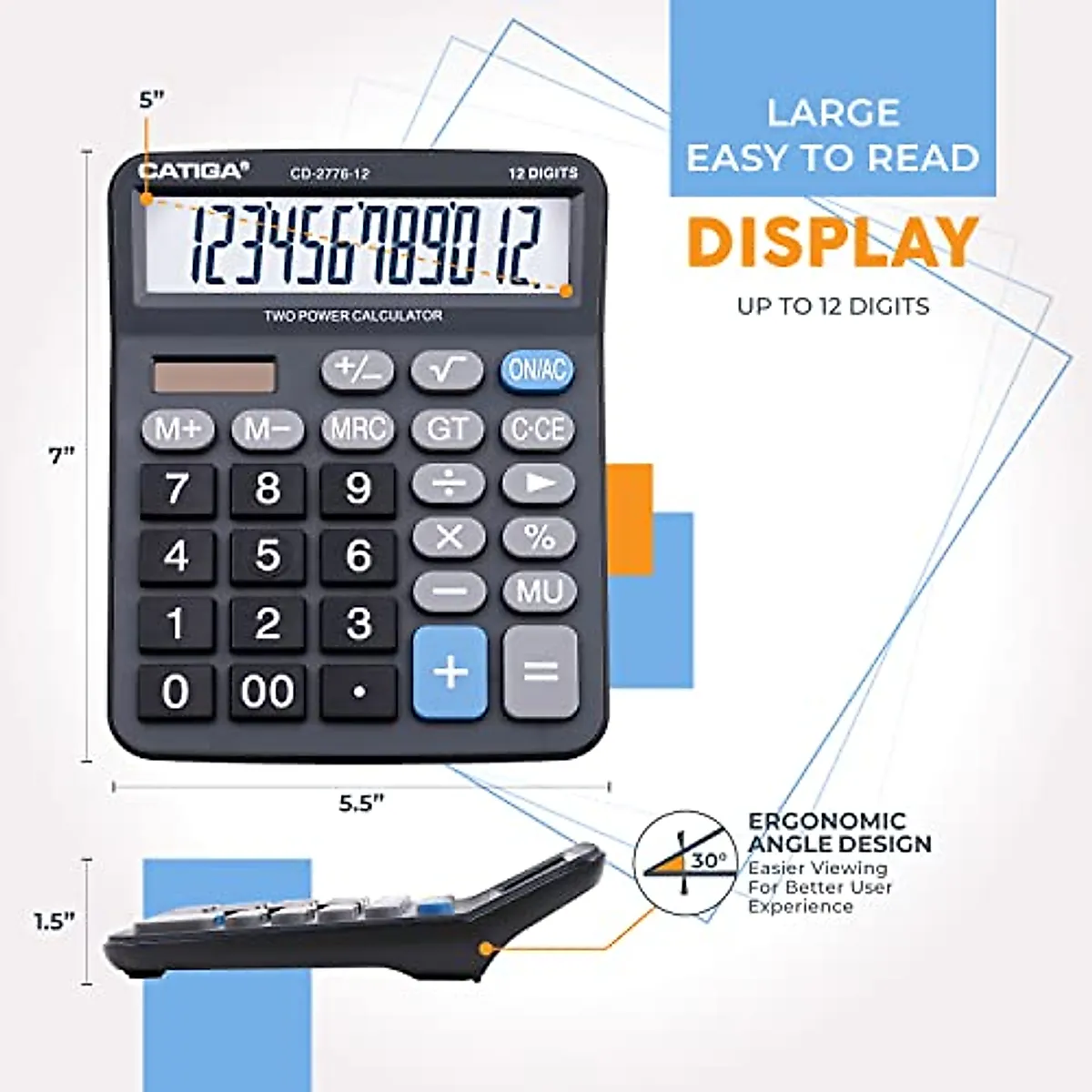 Premium Commercial 12-Digit Large Desktop Calculator with Huge 5-Inch LCD Display Screen, Giant Responsive Buttons, Battery and Solar Powered, Perfect for Home/Office Accounting Finance Use, CD-2776